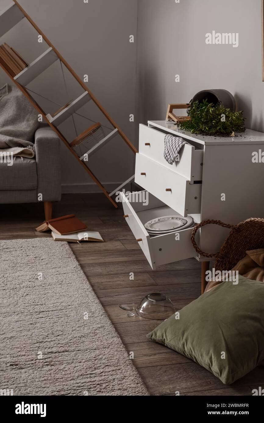 Chest of drawers with fallen houseplant in messy dining room Stock ...
