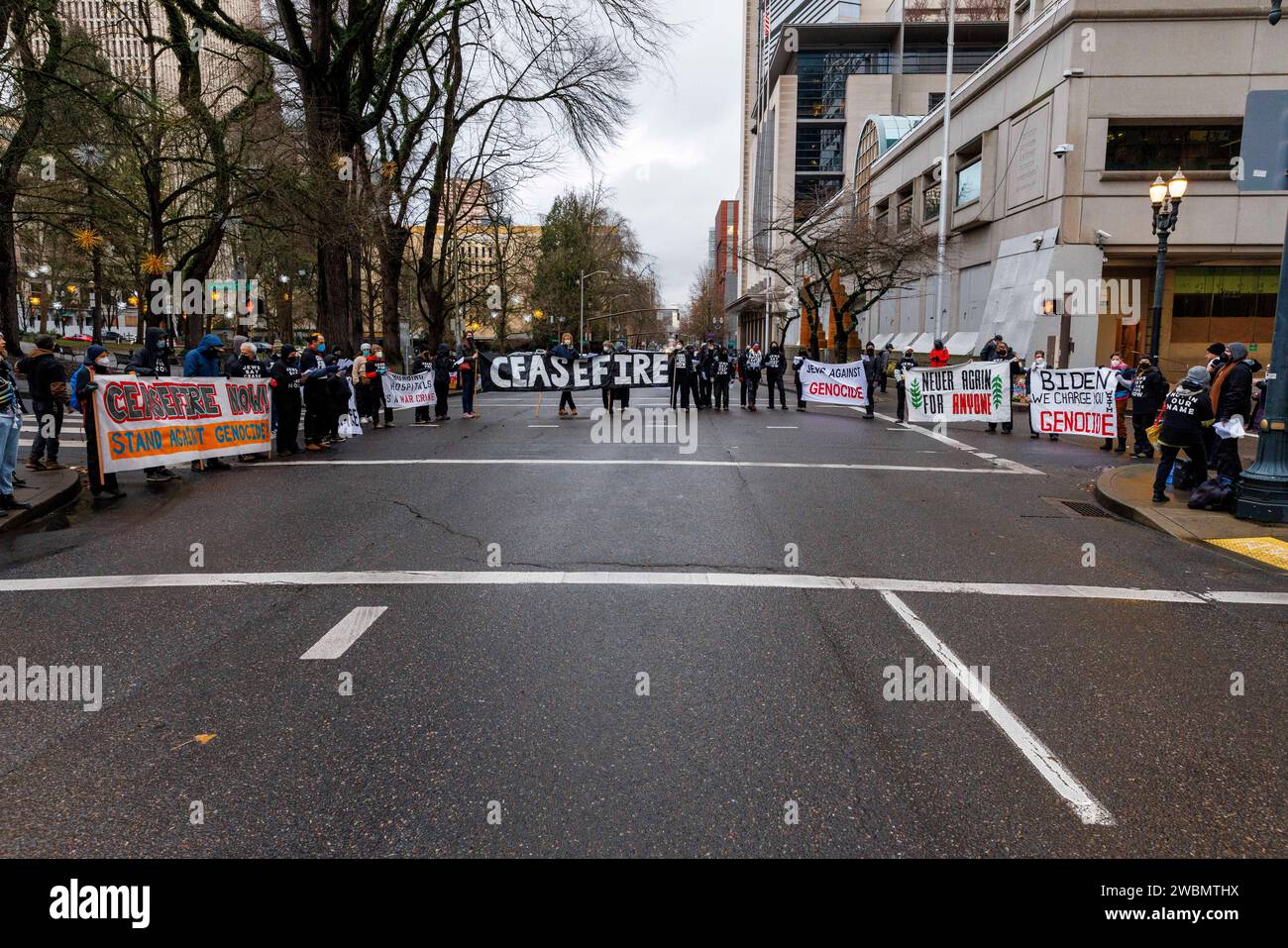 Portland, USA. 11th Jan, 2024. About fifty demonstrators supporting ...