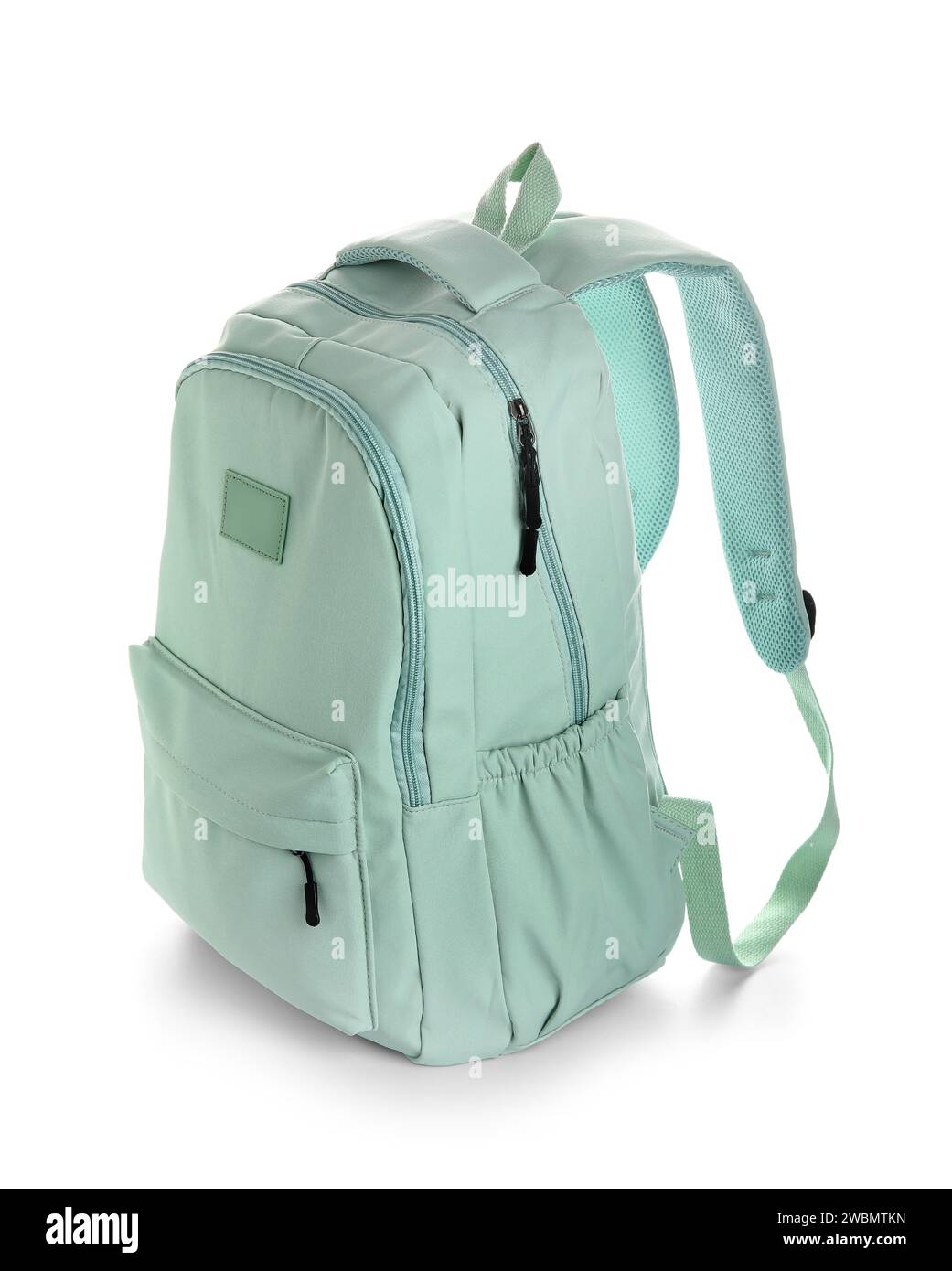 Stylish blue school backpack on white background Stock Photo - Alamy