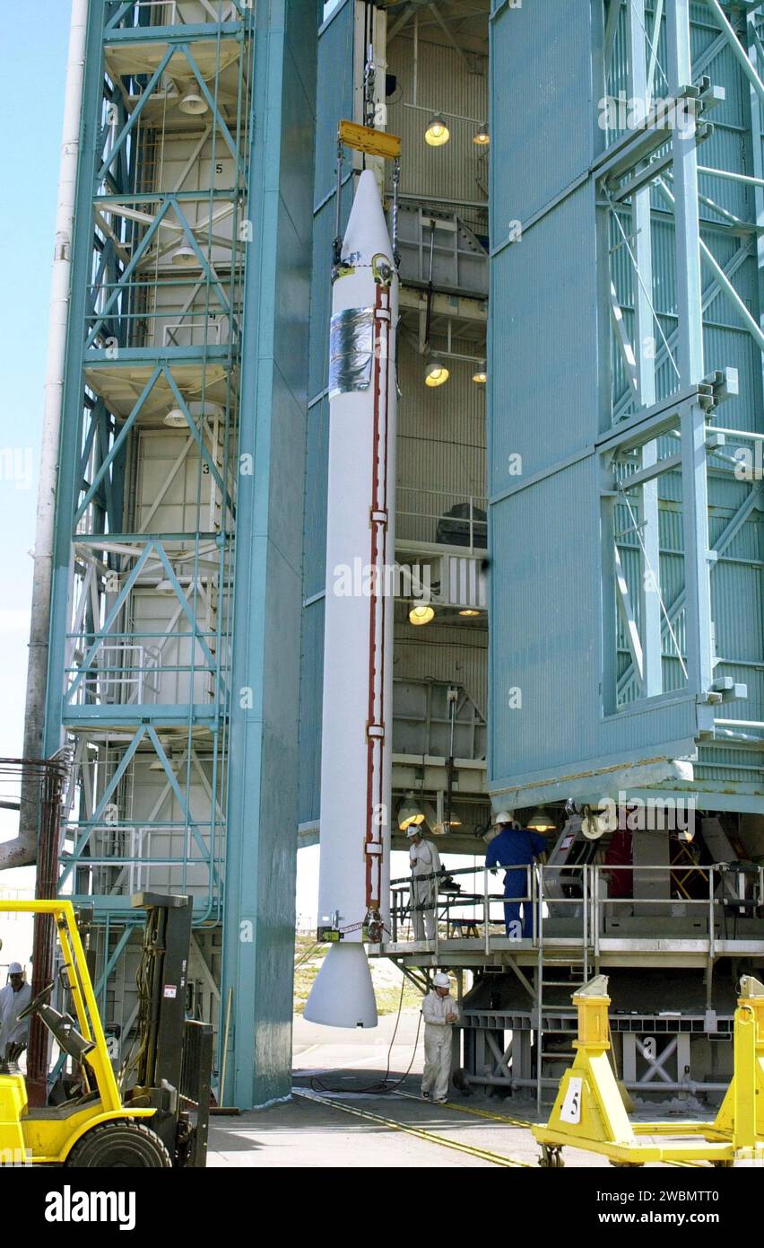 VANDENBERG AFB, CALIF. -- On the launch pad, a solid rocket booster is ...