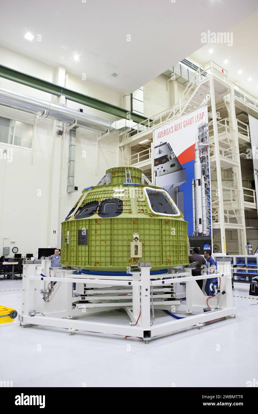 The Artemis I Orion pressure vessel sits fully unwrapped, lifted and ...