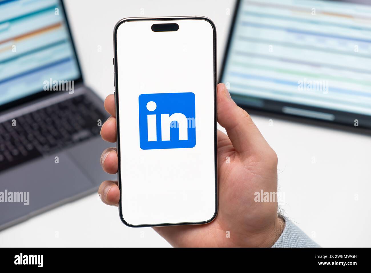 LinkedIn logo of social media application on the screen of smart phone ...