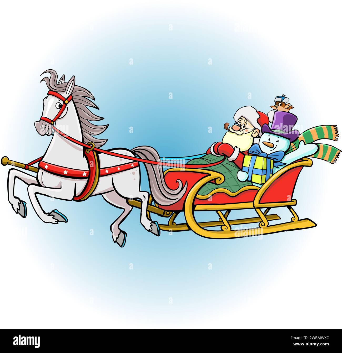 Santa Claus and Snowman in a horse-drawn sleigh Stock Photo - Alamy