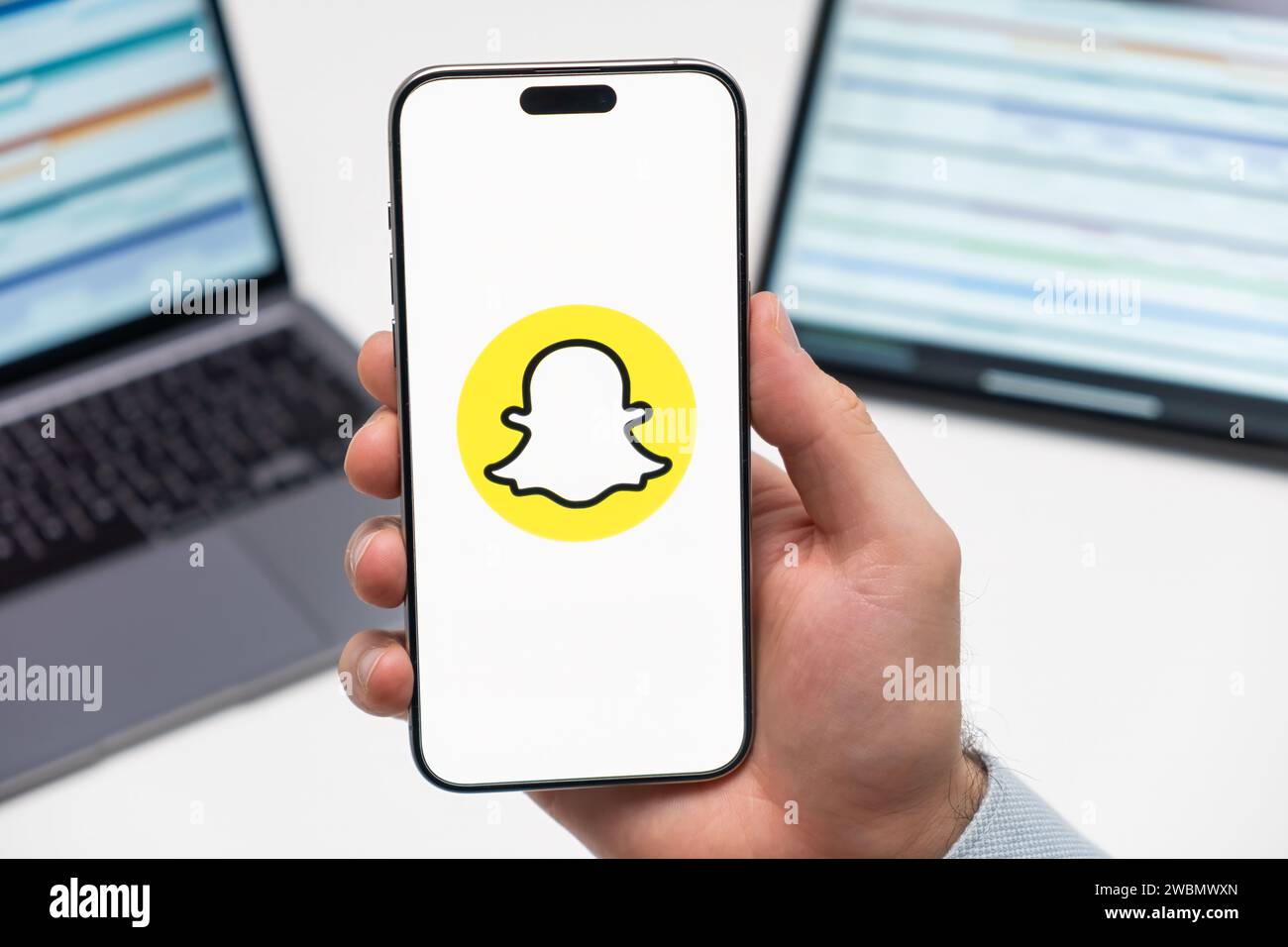 Snapchat logo of social media application on the screen of smart phone ...