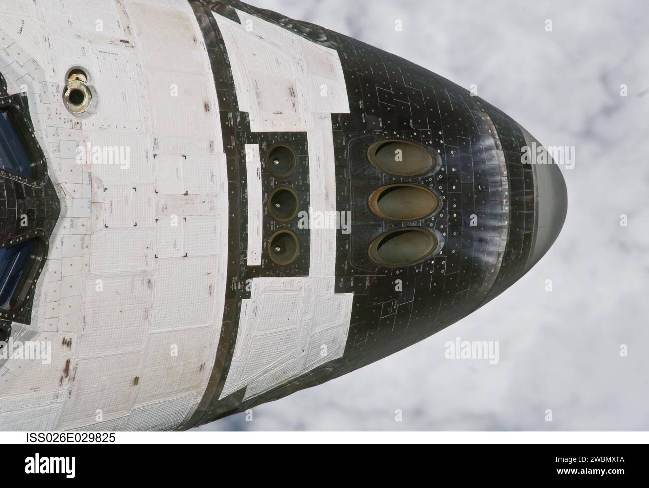 A close-up view of the nose of space shuttle Discovery was taken by an ...
