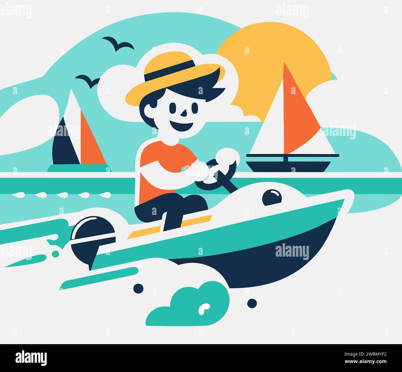 Man has fun riding motorboat on a warm summer day. Flat vector ...