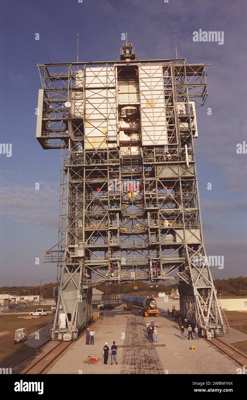 The first stage of a Boeing Delta rocket arrives on Launch Pad 17-A ...