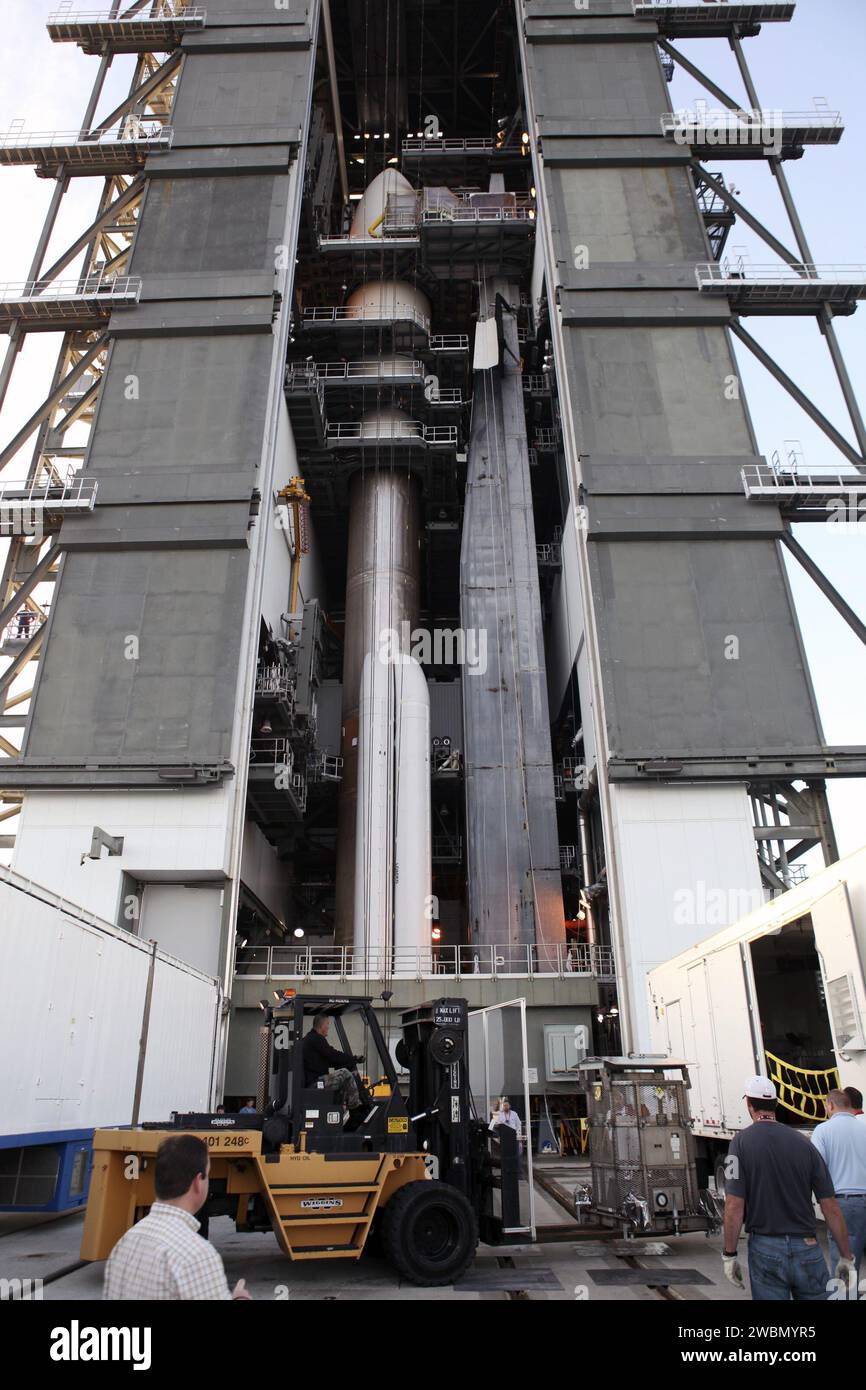 CAPE CANAVERAL, Fla. -- Backdropped by the Atlas V rocket standing ...