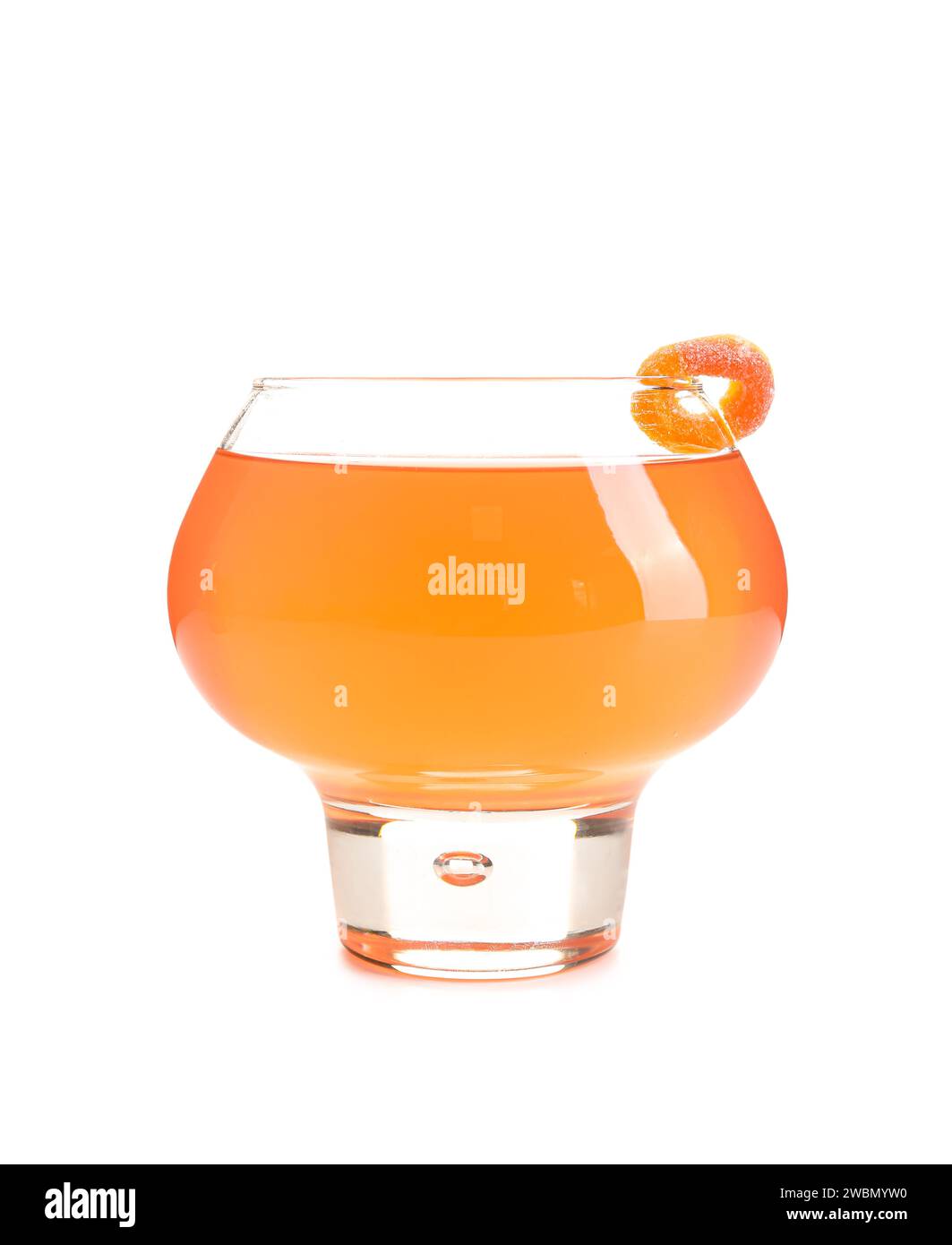 Glass of tasty orange cocktail with marmalade on white background ...