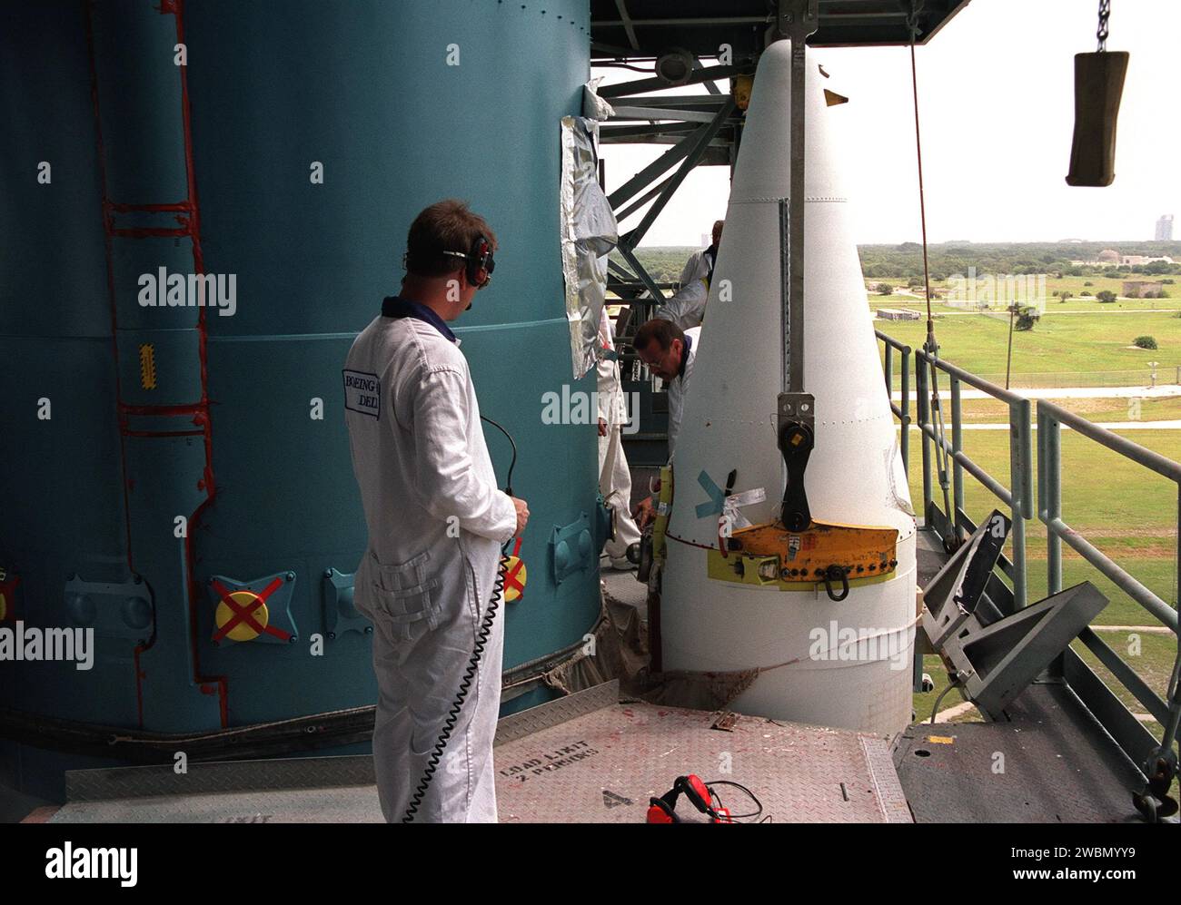 KENNEDY SPACE CENTER, Fla. -- Technicians on Launch Complex 17-A, Cape ...