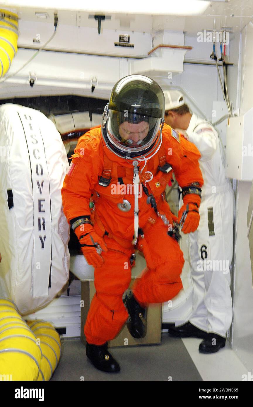 KENNEDY SPACE CENTER, FLA. - Following the mock countdown on Launch Pad 39B, STS-114 Pilot James ...