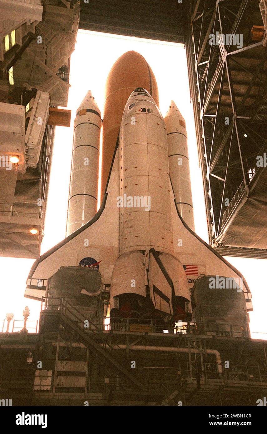 KENNEDY SPACE CENTER, FLA. -- Viewed from inside the Vehicle Assembly Building, Space Shuttle ...