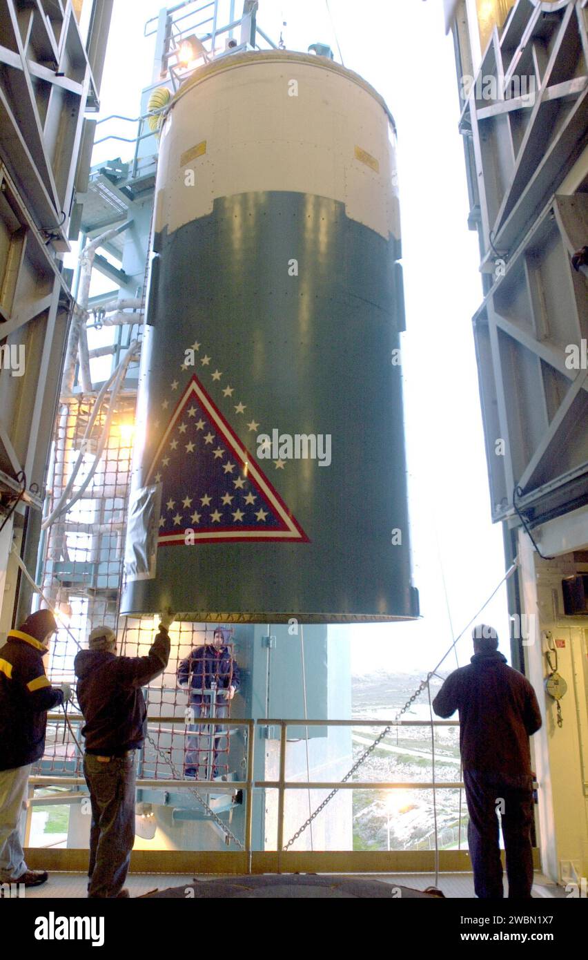 VANDENBERG AIR FORCE BASE, CALIF. - At an upper level of the launch service tower on Space ...