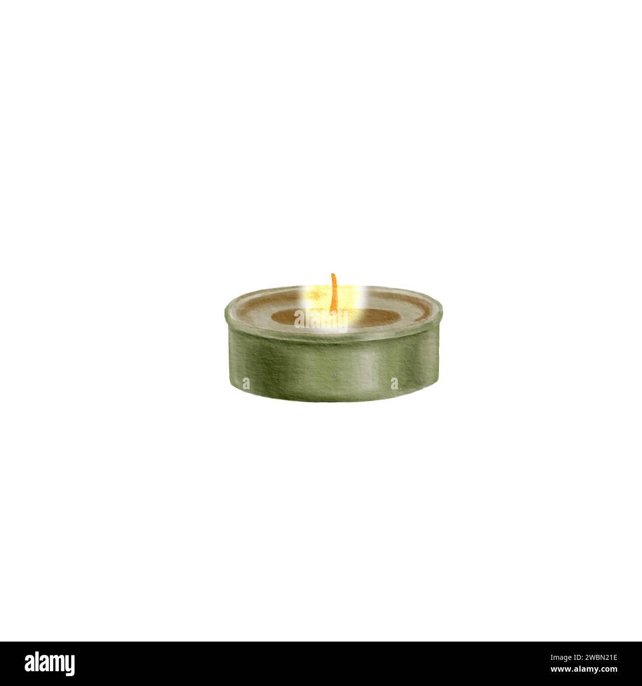 Burning small candle watercolor painted illustration. Cozy melted ...