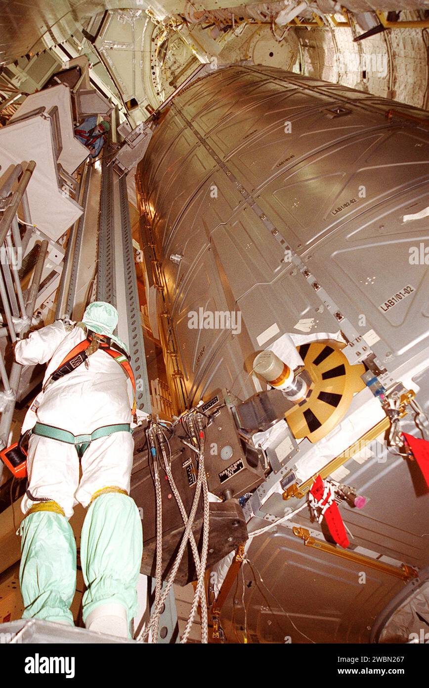 The U.S. Lab Destiny is ready to be moved from Atlantis’ payload bay into the Payload Changeout ...