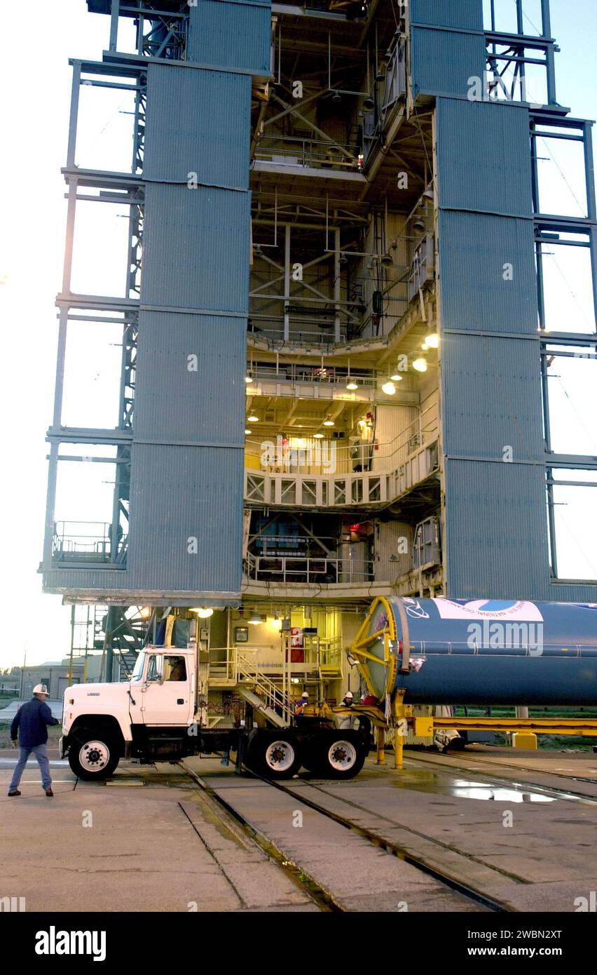 VANDENBERG AIR FORCE BASE, CALIF. - The first stage of a Boeing Delta 2 rocket arrives at the ...