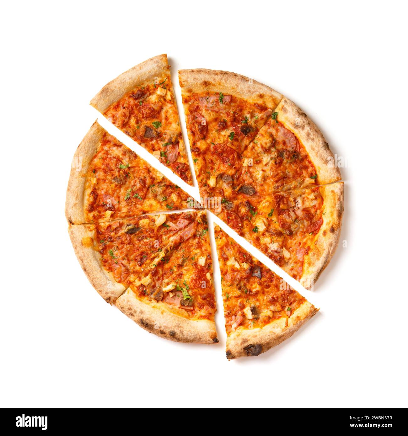 Large pizza with several types of meat and ham, divided into slices ...