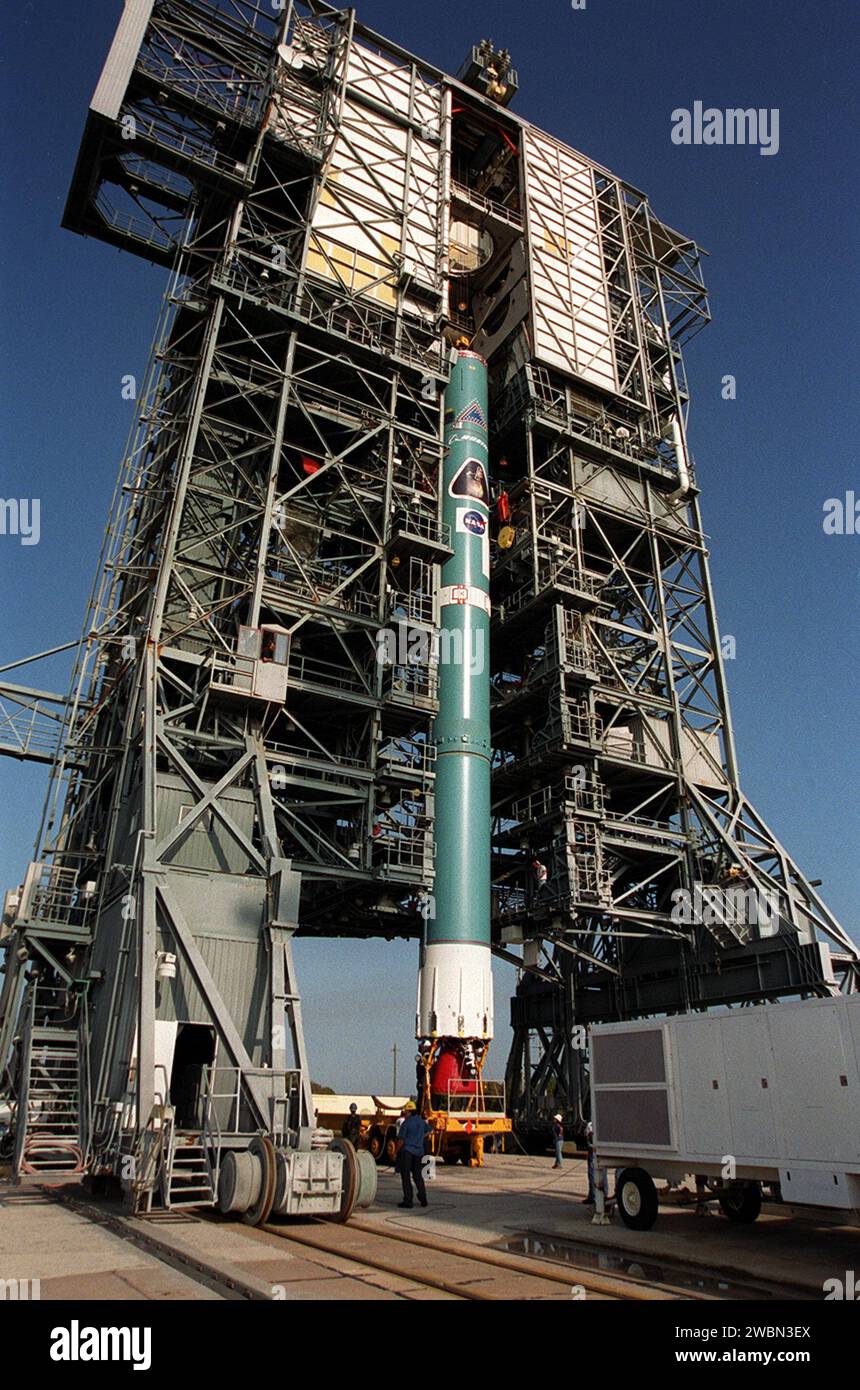 The first stage of a Boeing Delta rocket is in vertical position in the ...