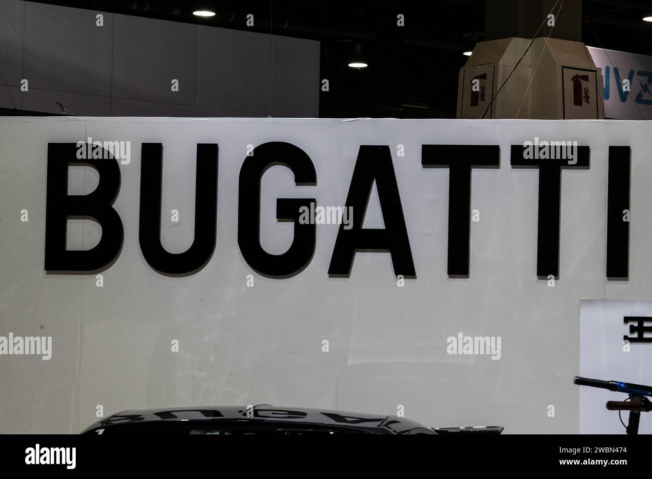 Las Vegs, NV, USA. 11th Jan, 2024. Bugatti logo at the Las Vegas Convention Center during CES ...