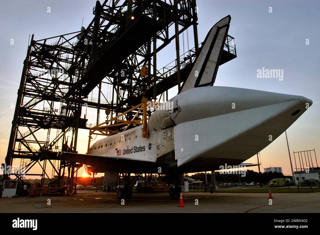 KENNEDY SPACE CENTER, FLA. - At sunrise, Discovery finally rests on its ...
