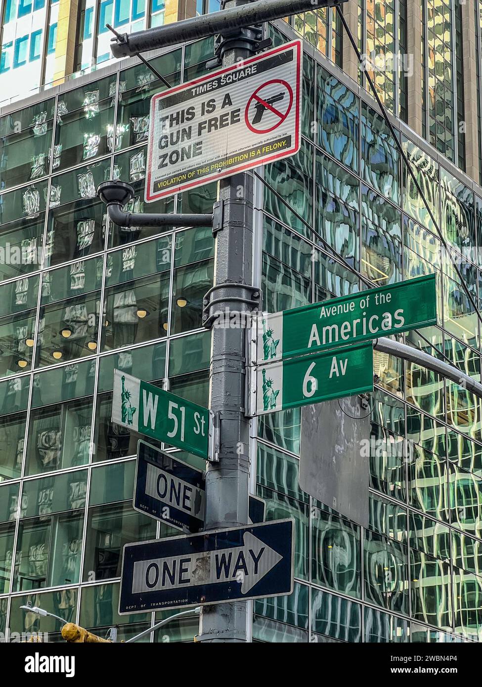 Traffic signs in a New York street, including a sign prohibiting the ...