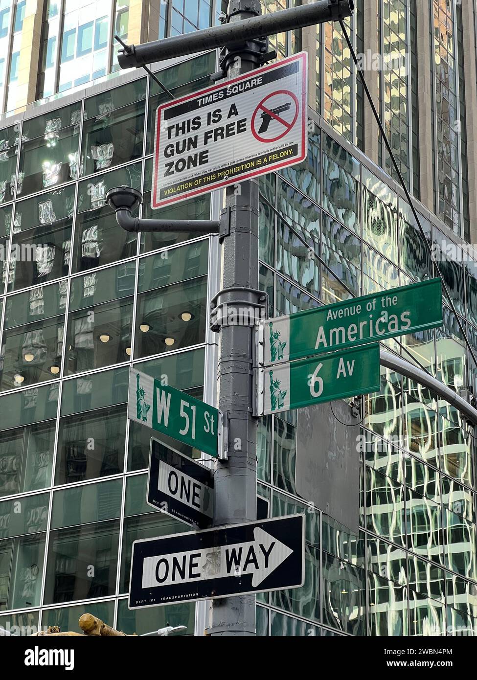 Traffic signs in a New York street, including a sign prohibiting the ...