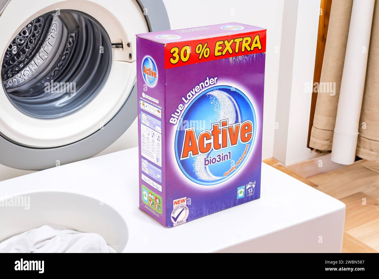 A white background Cut out of a box of biological laundry powder Stock ...