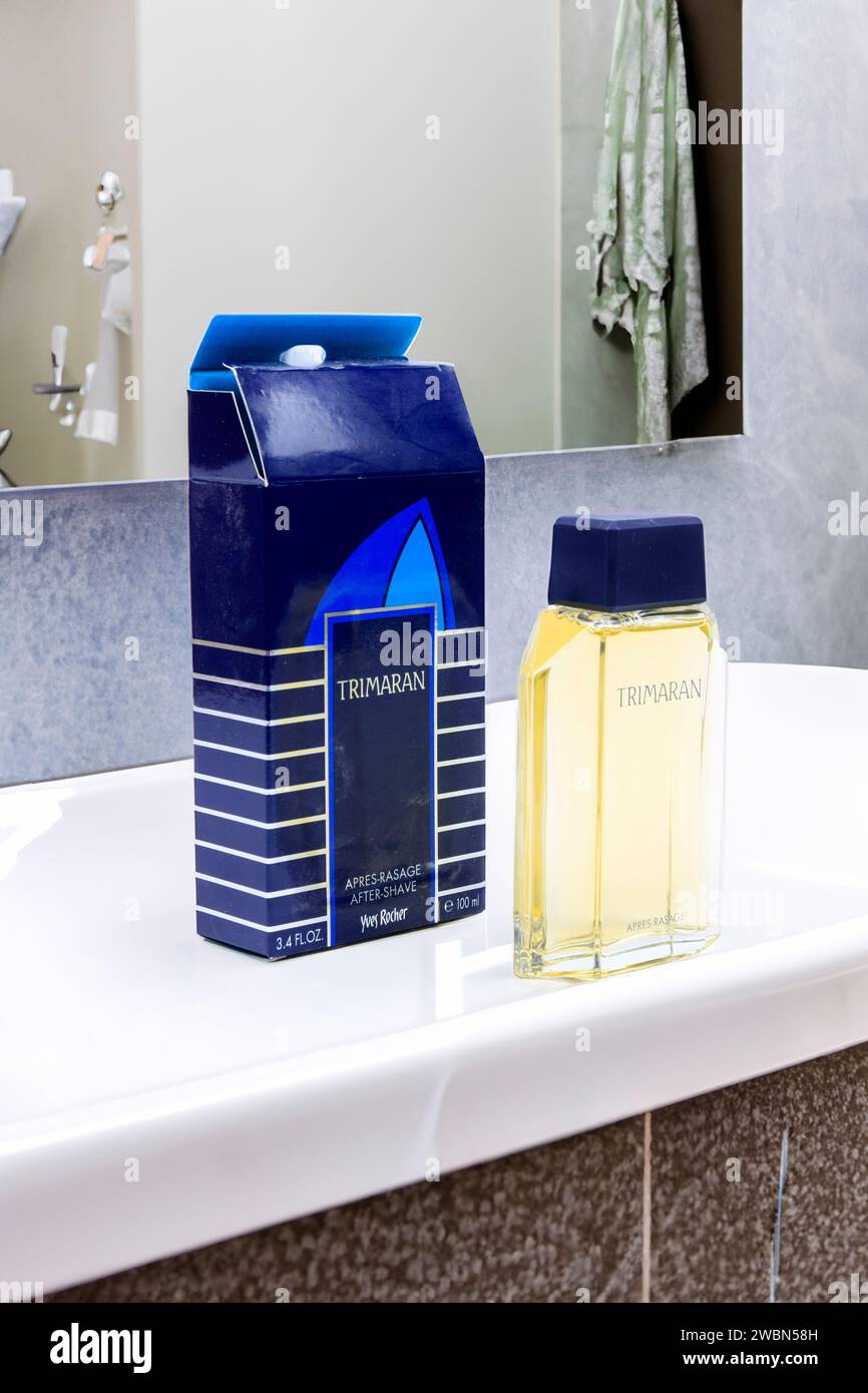 French Aftershave Lotion bottle and packaging against a white ...