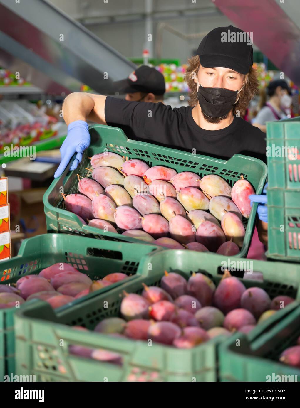 Loader male holding boxes of mango Stock Photo - Alamy