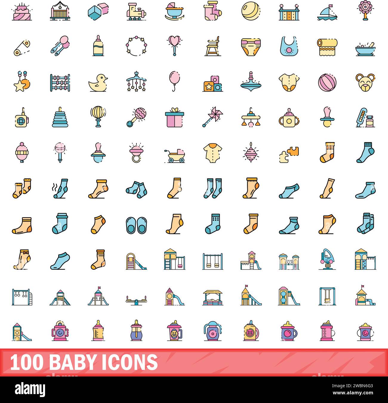 100 baby icons set. Color line set of baby vector icons thin line color ...