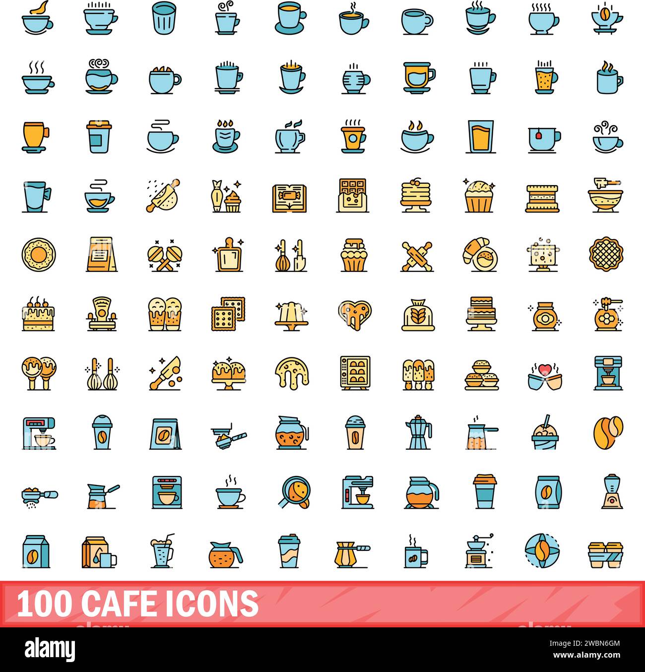 100 cafe icons set. Color line set of cafe vector icons thin line color ...