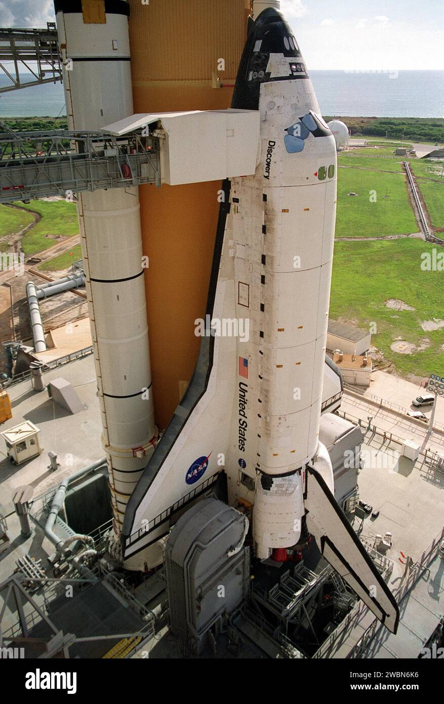 KENNEDY SPACE CENTER, Fla. -- Space Shuttle Discovery sits on Launch Pad 39A after an early ...
