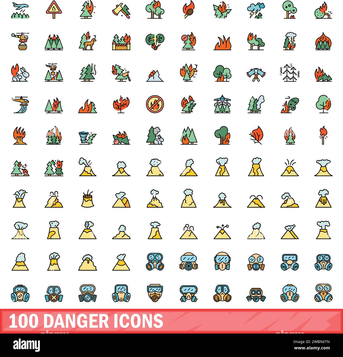 100 danger icons set. Color line set of danger vector icons thin line ...