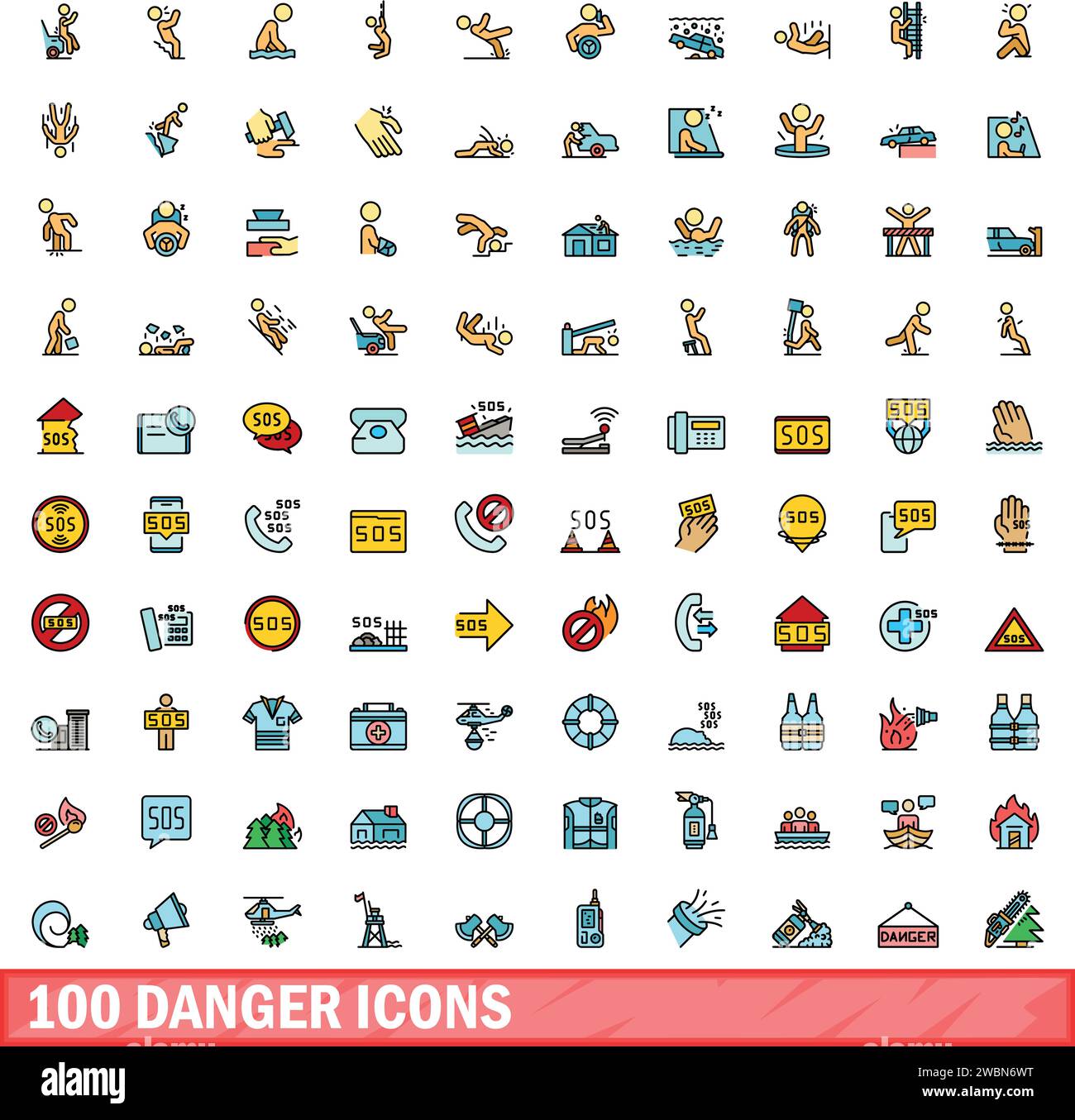 100 danger icons set. Color line set of danger vector icons thin line ...