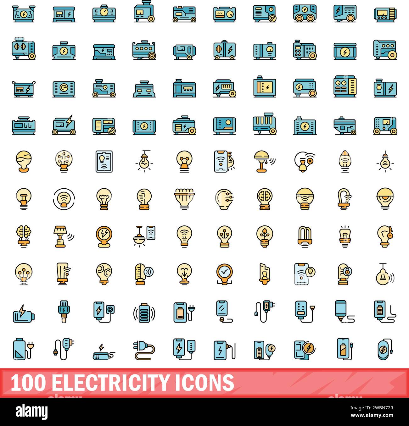 100 electricity icons set. Color line set of electricity vector icons ...