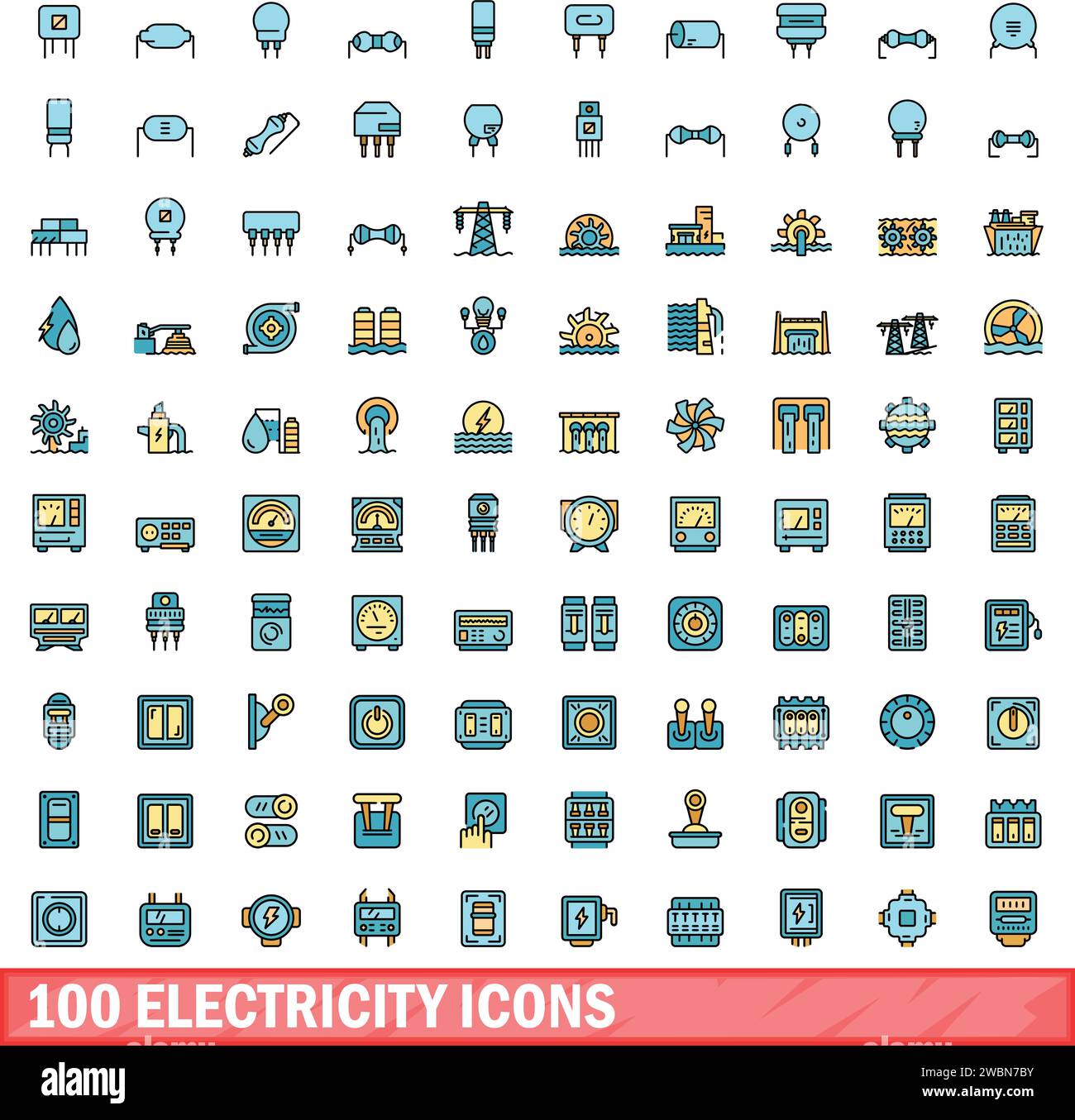 100 electricity icons set. Color line set of electricity vector icons ...