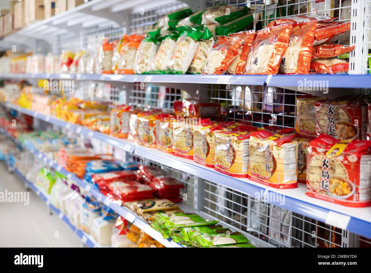 There is assortment of Chinese rice noodles on supermarket shelf Stock ...