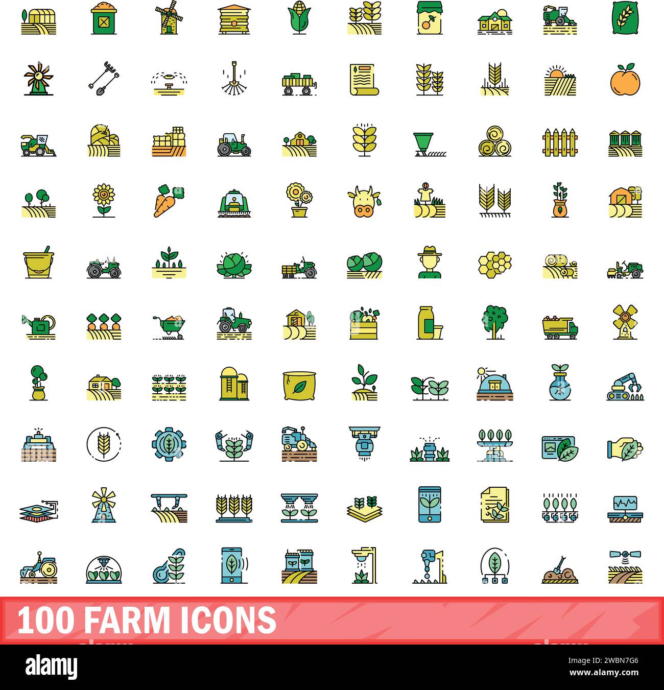 100 farm icons set. Color line set of farm vector icons thin line color ...
