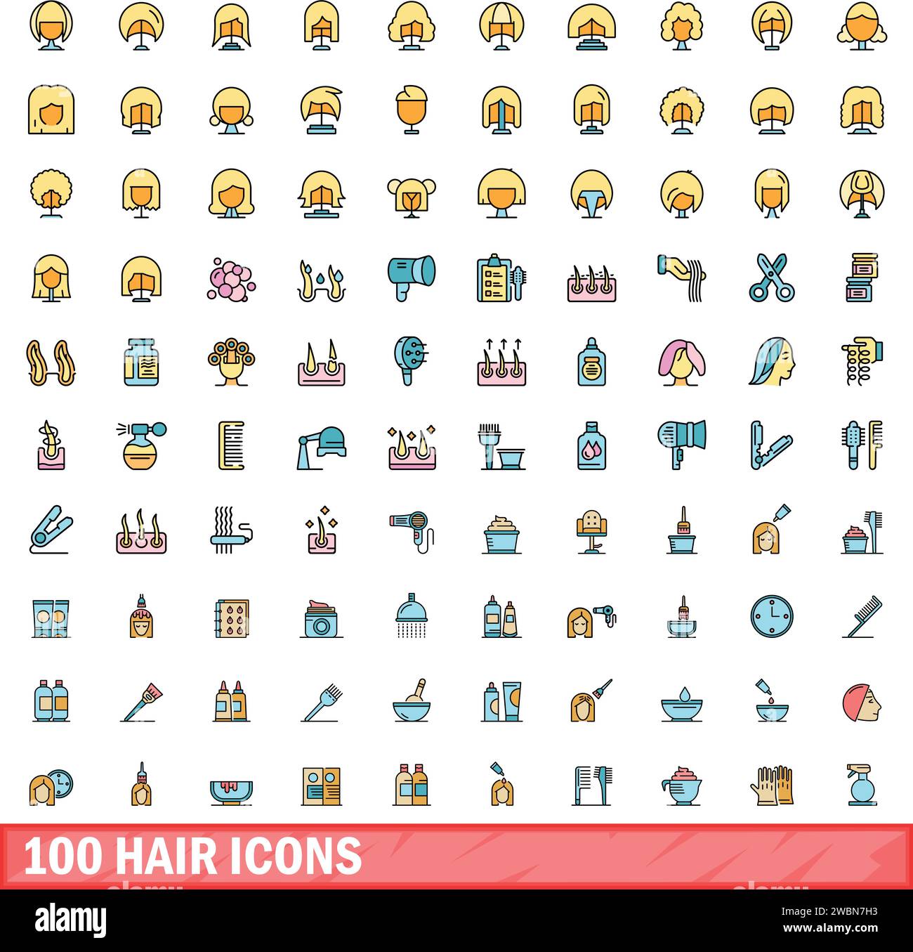 100 hair icons set. Color line set of hair vector icons thin line color ...