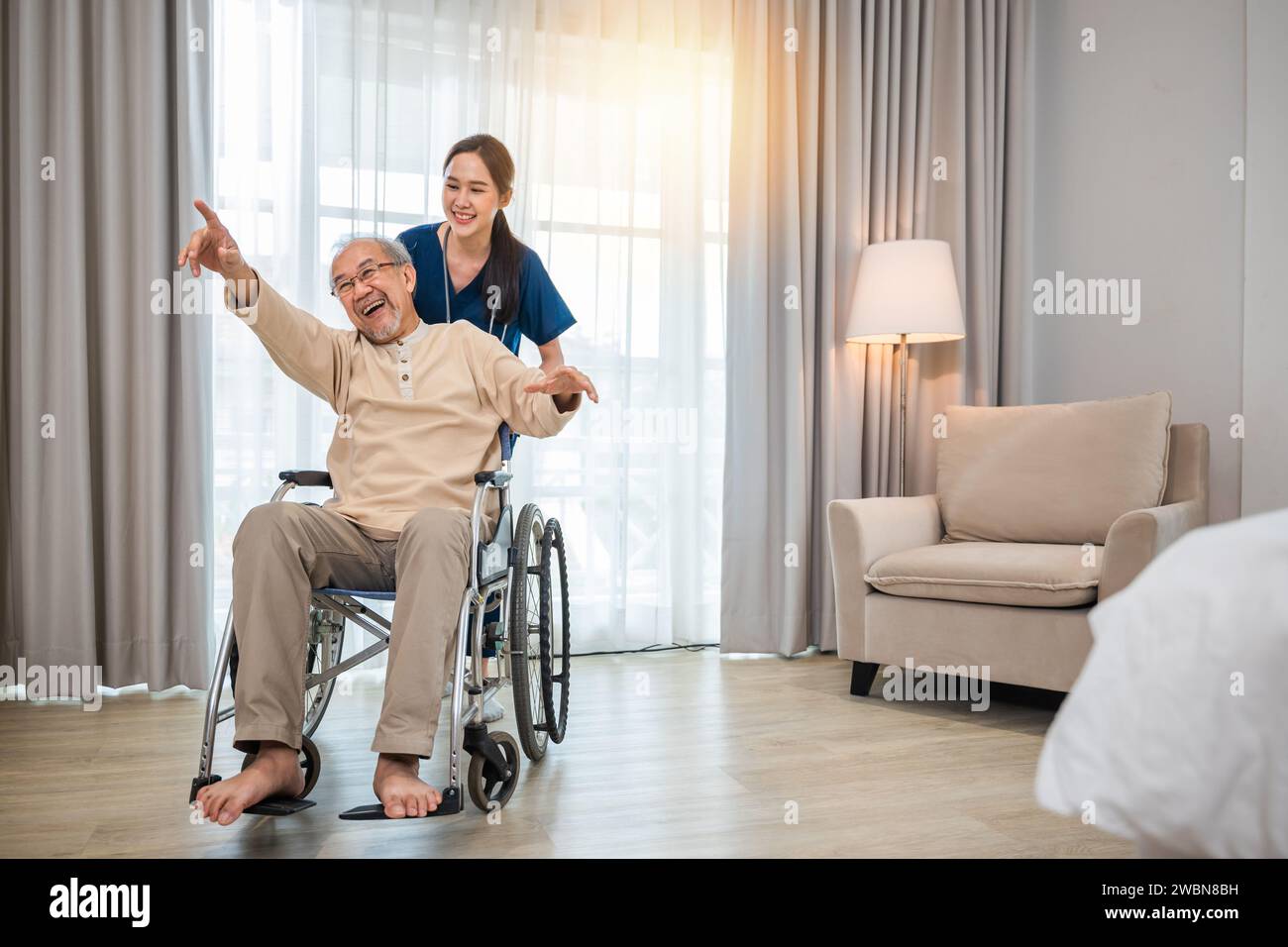 Happy curator person doctor pushing and walk elderly patient freedom ...