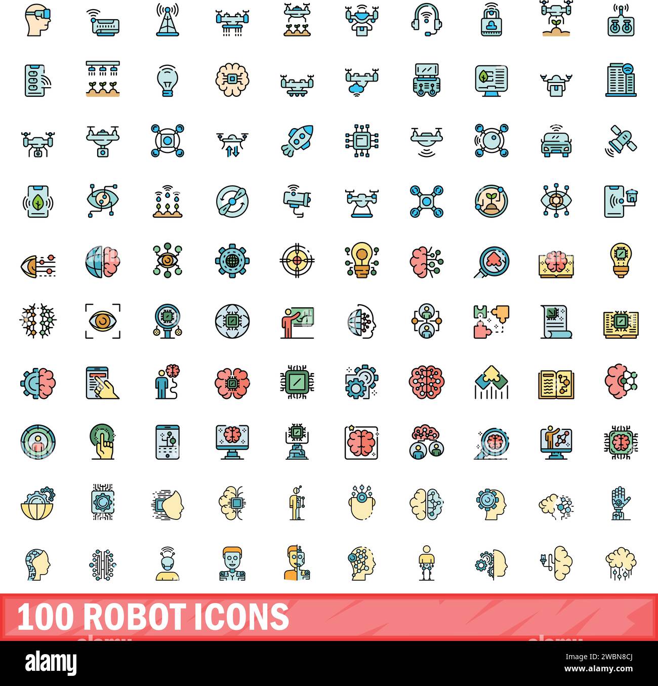 100 robot icons set. Color line set of robot vector icons thin line ...