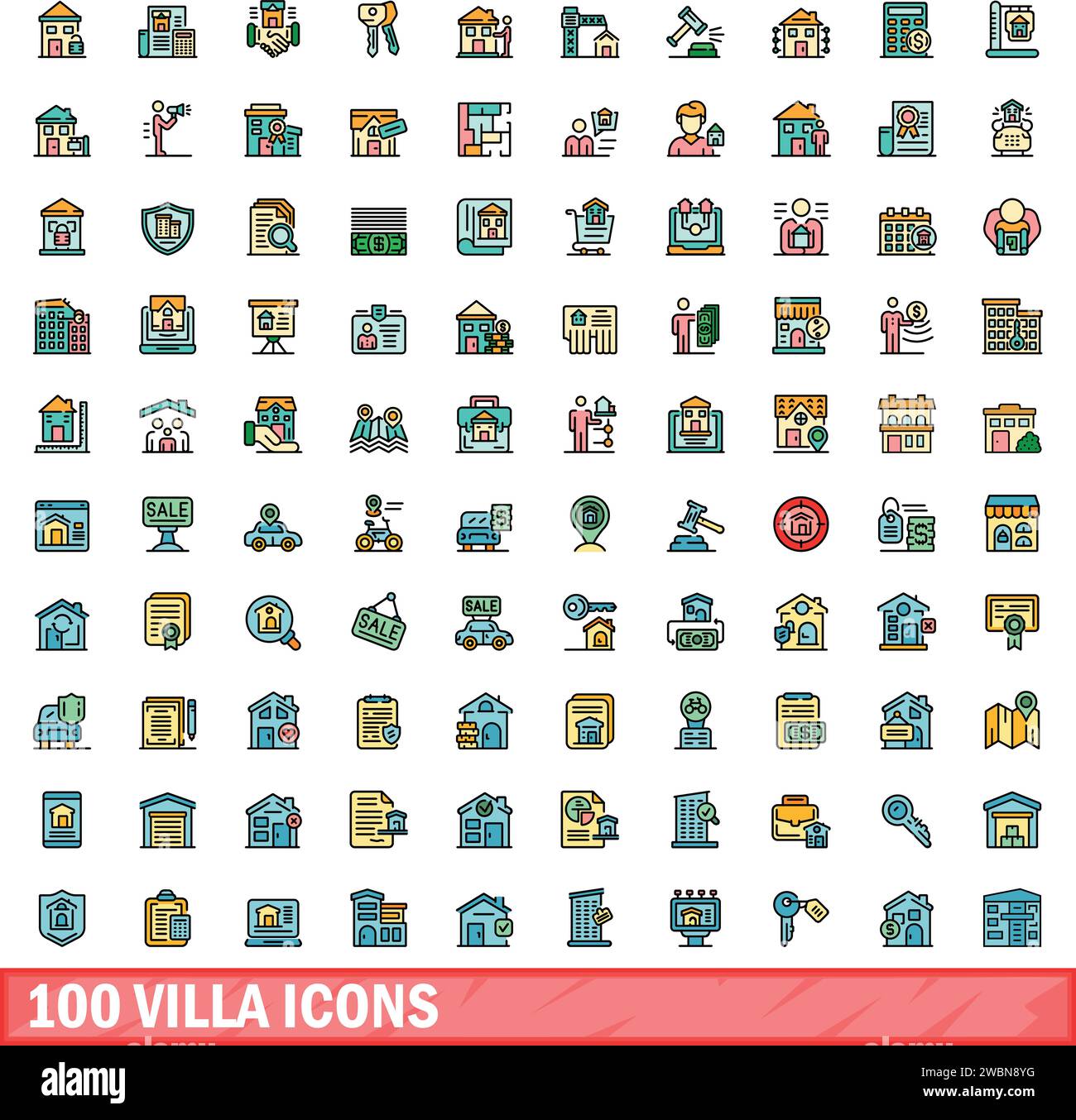 100 villa icons set. Color line set of villa vector icons thin line ...