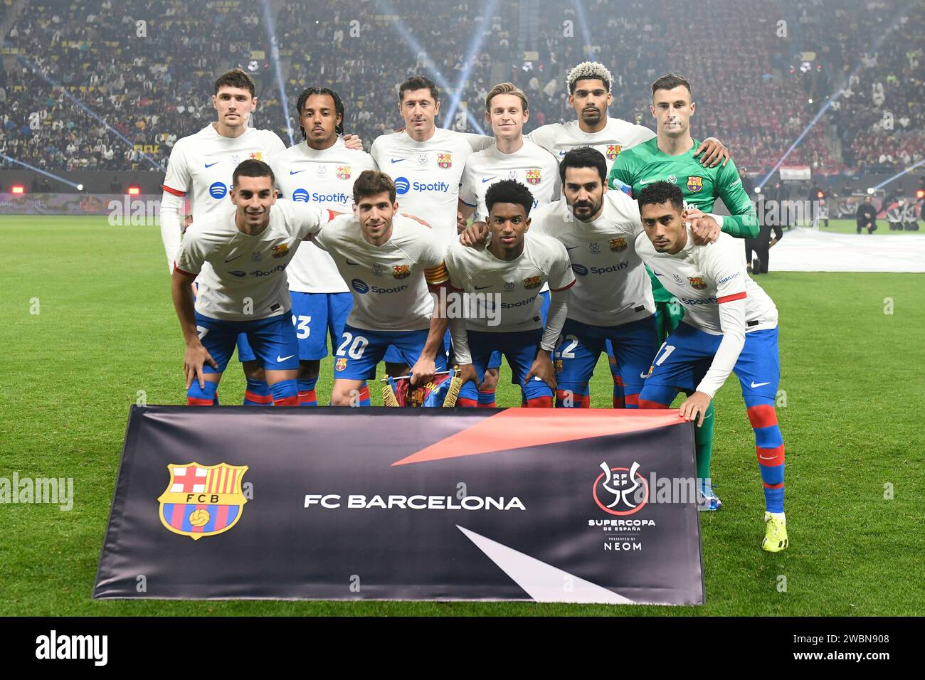 Barcelona players pose for a team group photo before the Spanish Super ...