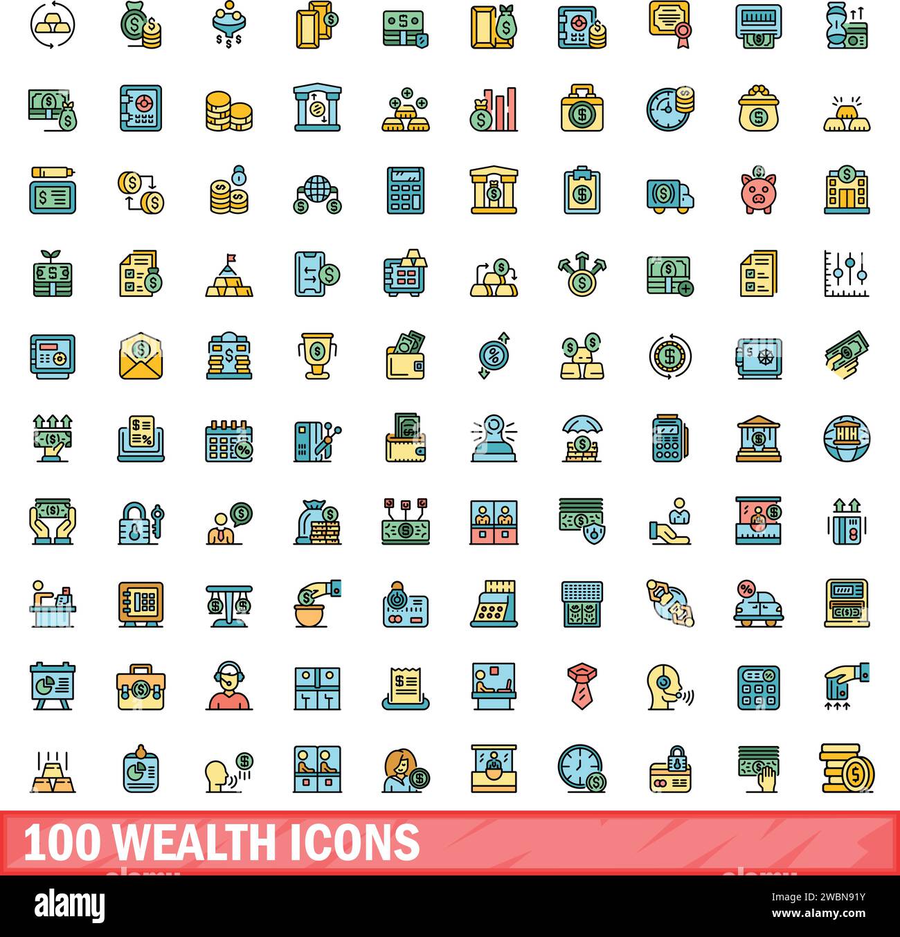 100 wealth icons set. Color line set of wealth vector icons thin line ...