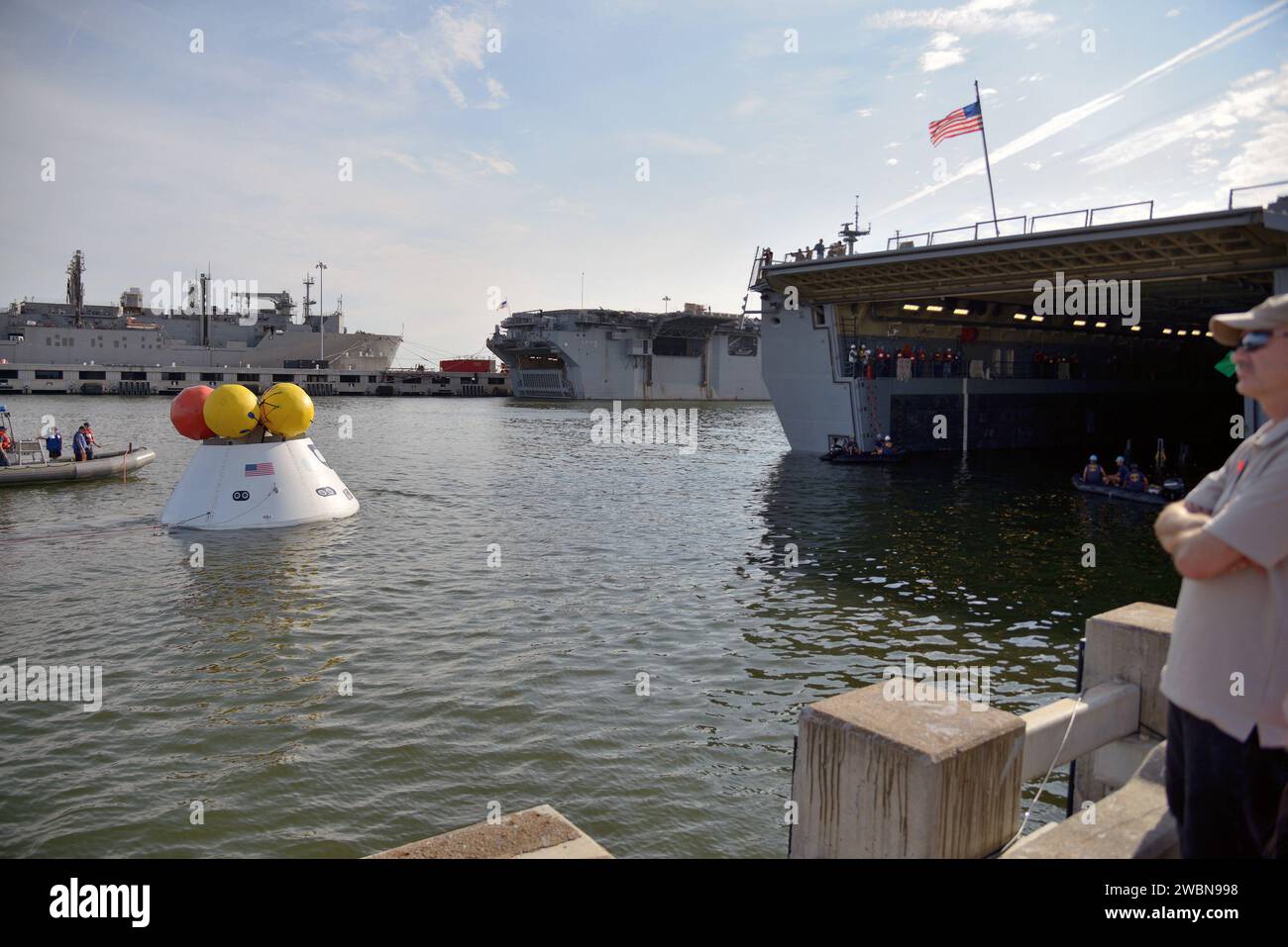 The Orion test capsule undergoes stationary recovery testing in Norfolk ...