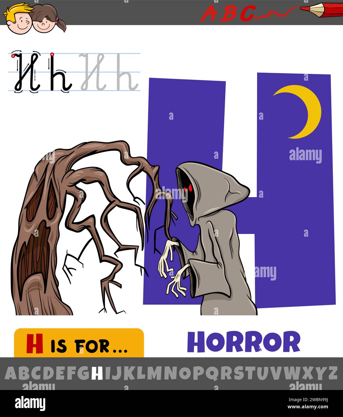 Educational cartoon illustration of letter H from alphabet with horror ...