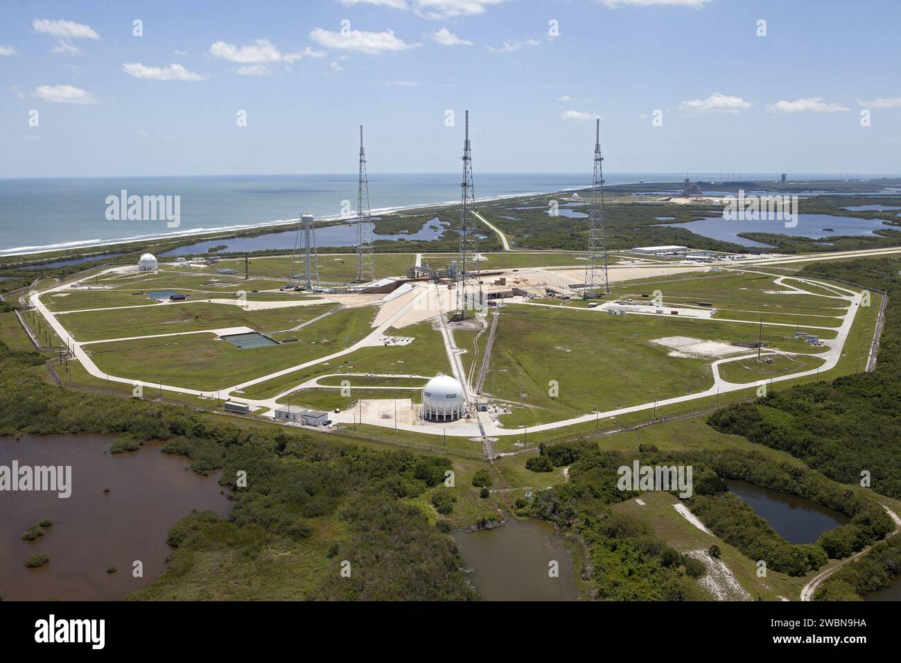 CAPE CANAVERAL, Fla. – An aerial view, from the west looking toward the ...