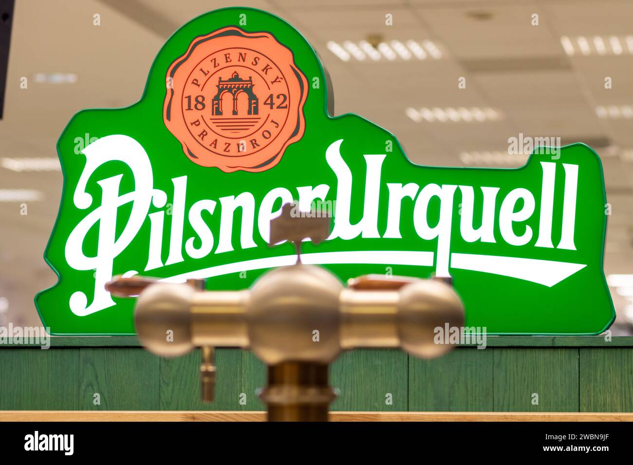 PRAGUE, CZECHIA, DEC 18 2023, Beer tap with the traditional Czech beer ...