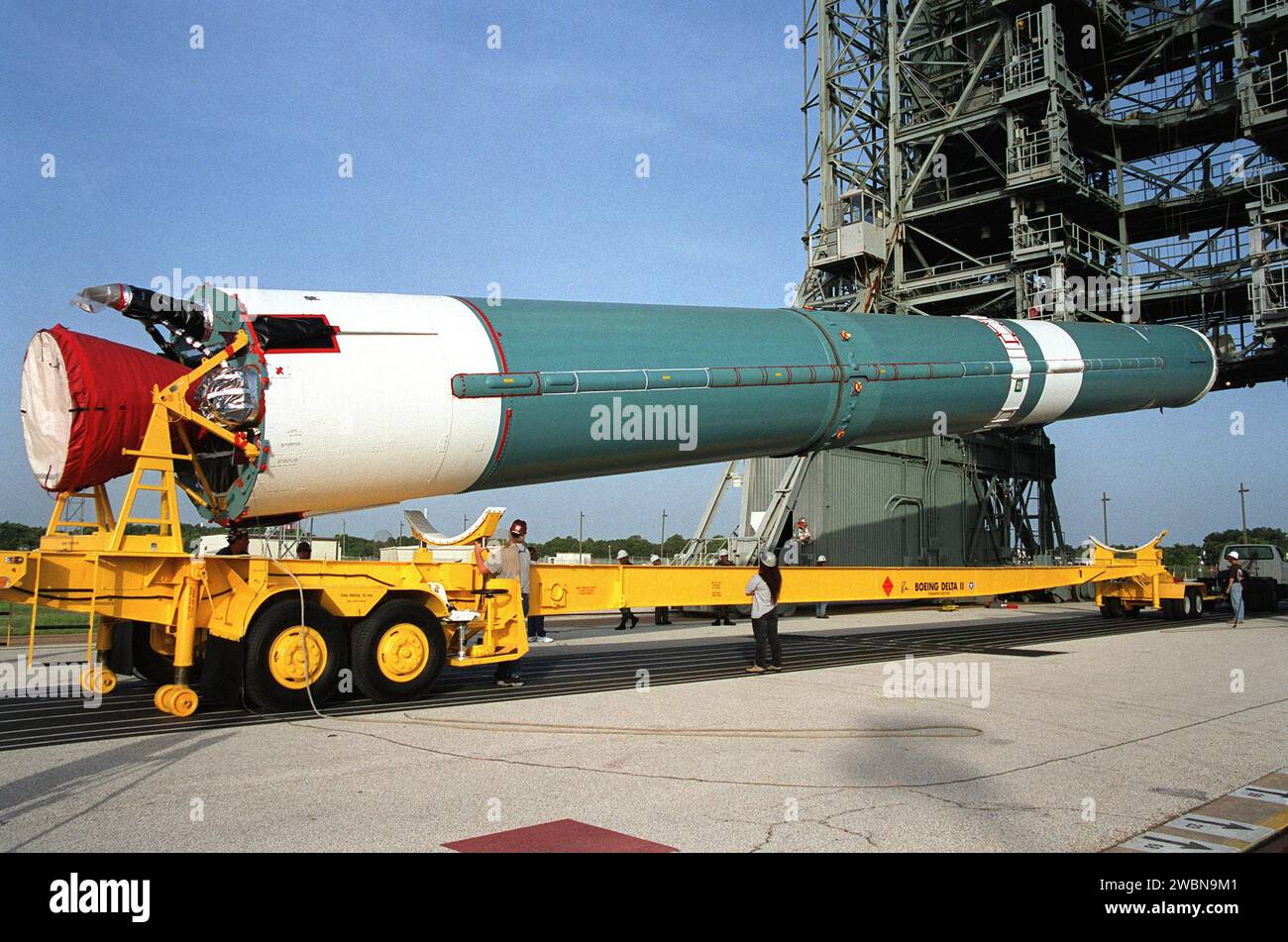 The Boeing Delta II rocket first stage arrives at Launch Complex 17A ...