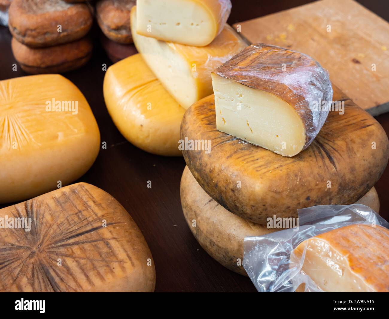 Counter in cheese shop with large assortment Stock Photo - Alamy